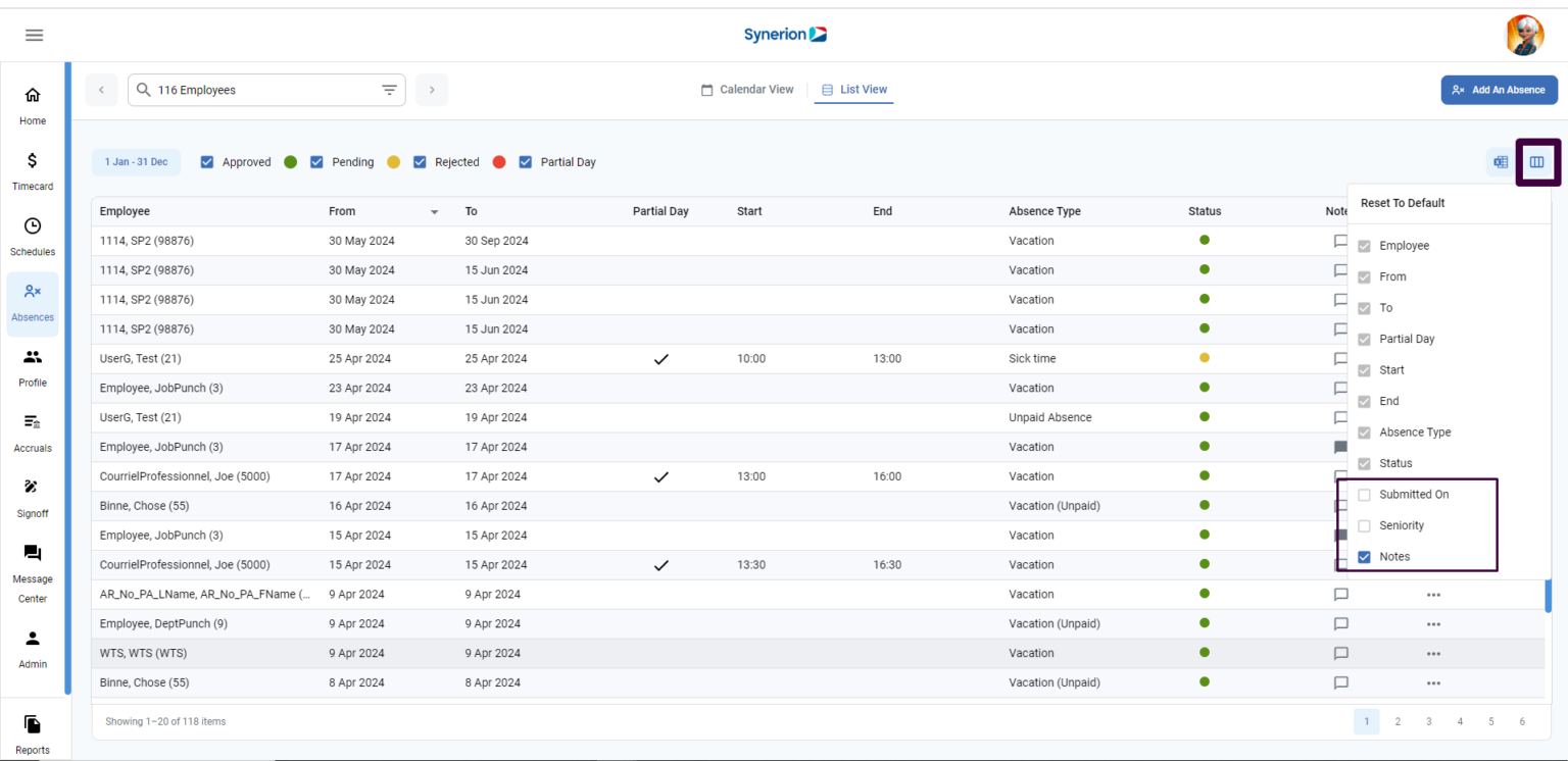 Absence List View – Synerion Agile Help