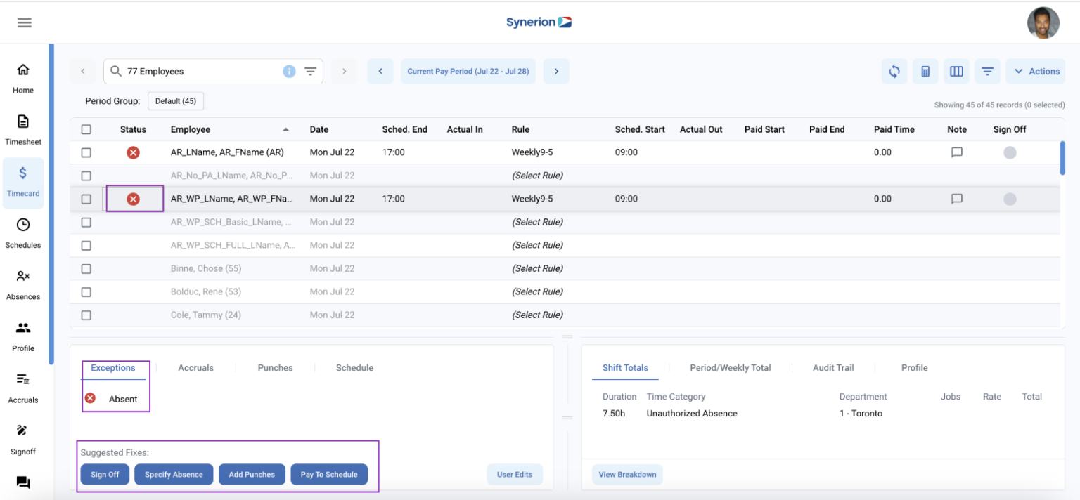 Timecard-Unauthorized Absences – Synerion Agile Help