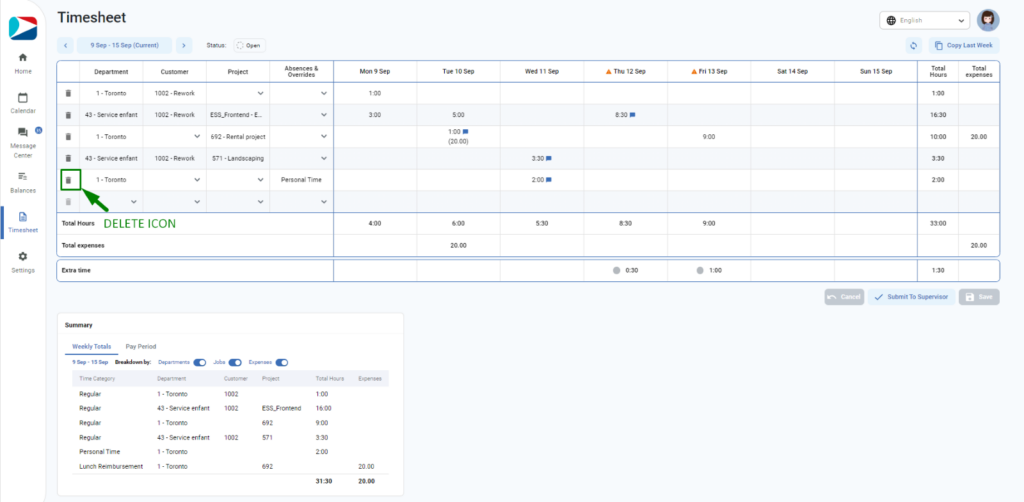 ESS Timesheet: Delete a Row – Synerion Agile Help