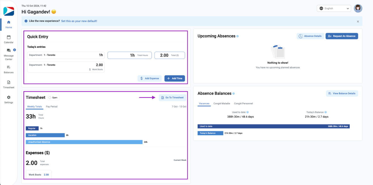 ESS Timesheet user’s Home page overview – Synerion Agile Help