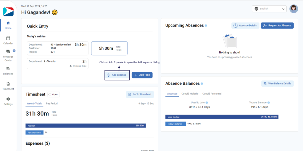 ESS Timesheet Home page: Quick entry- Add Expense – Synerion Agile Help